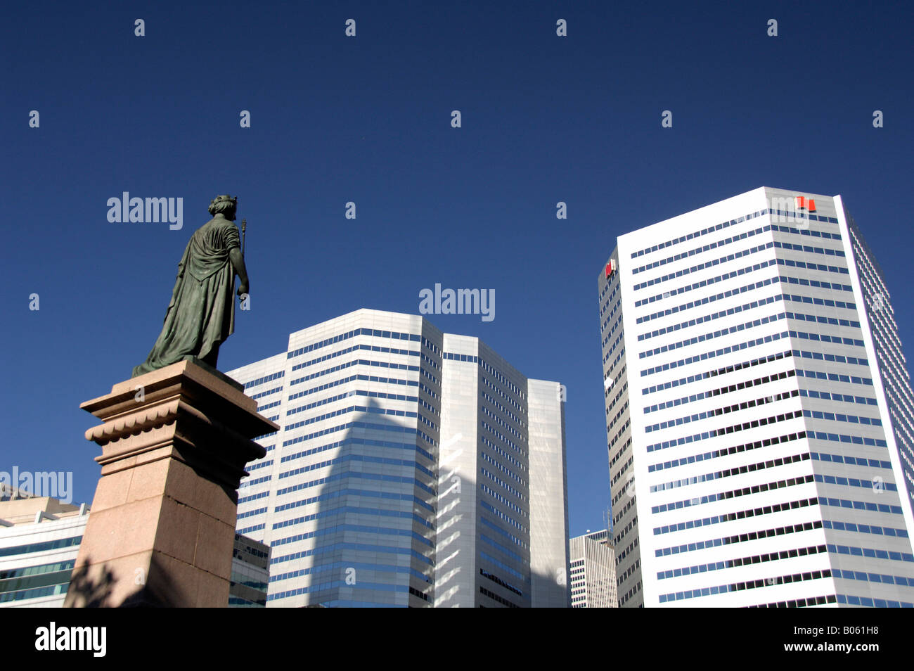 Canada, Quebec, Montreal. Victoria Square, statue of Queen Victoria ...