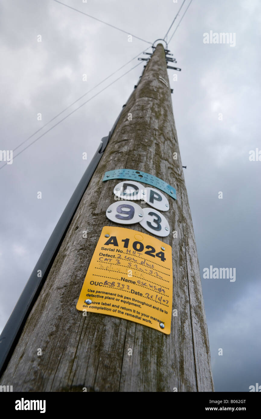 Fault notification and signs for engineers attached to wooden telephone ...