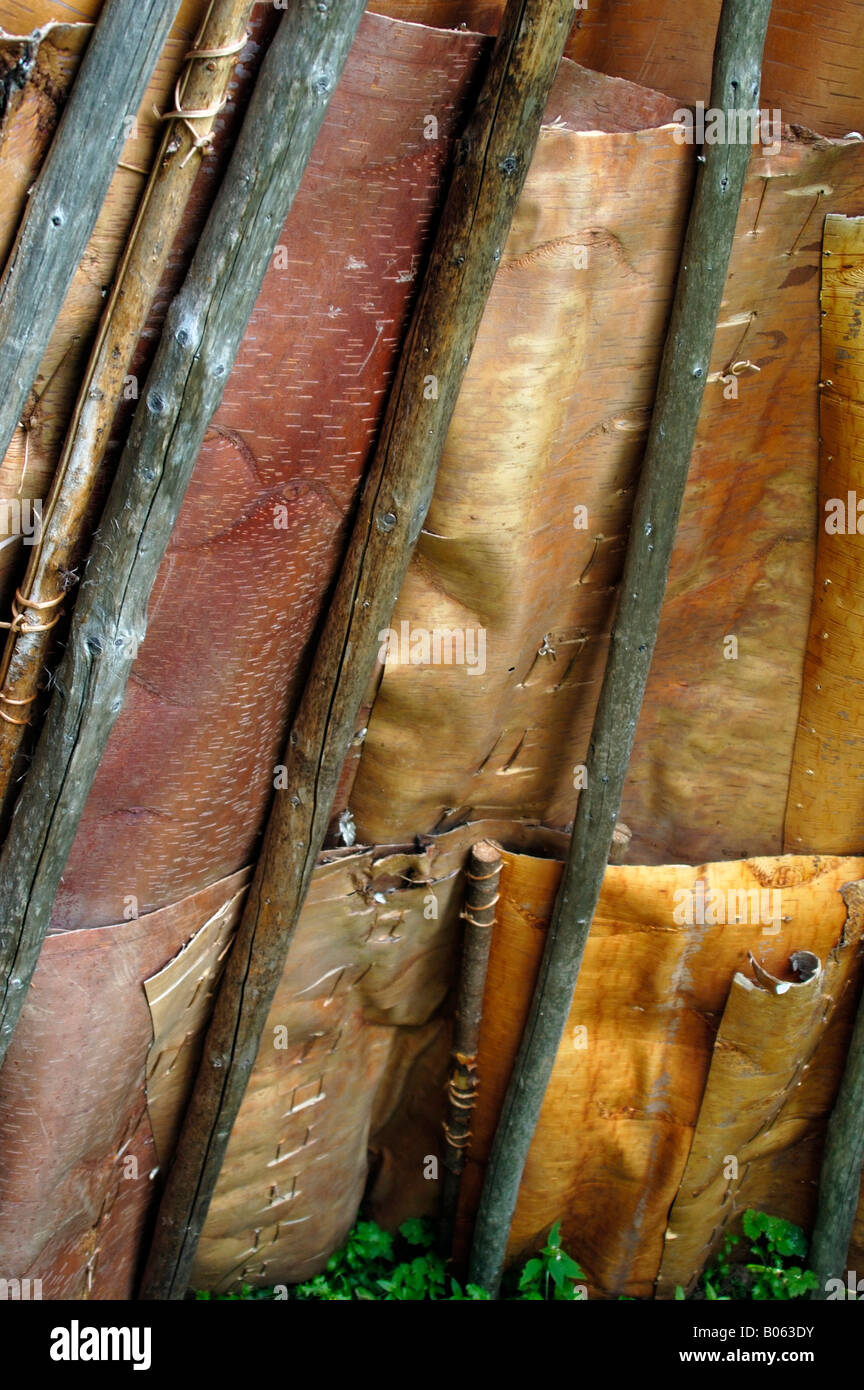 Canada, Quebec, Gaspe. Micmac First Nation Indian Village, inside birch ...