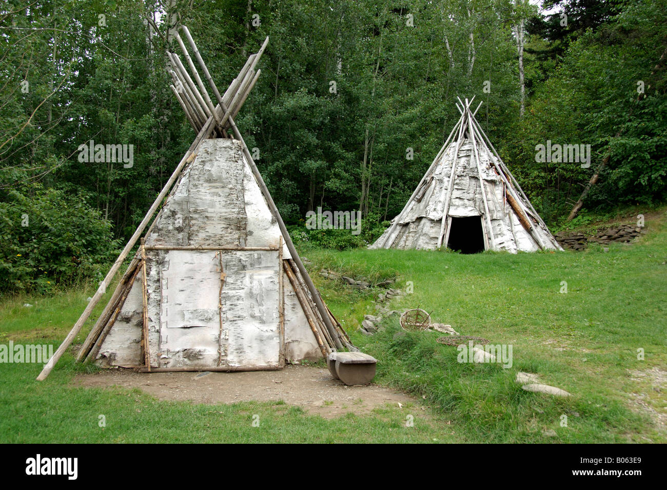 Canada, Quebec, Gaspe. Micmac First Nation Indian Village, birch bark ...