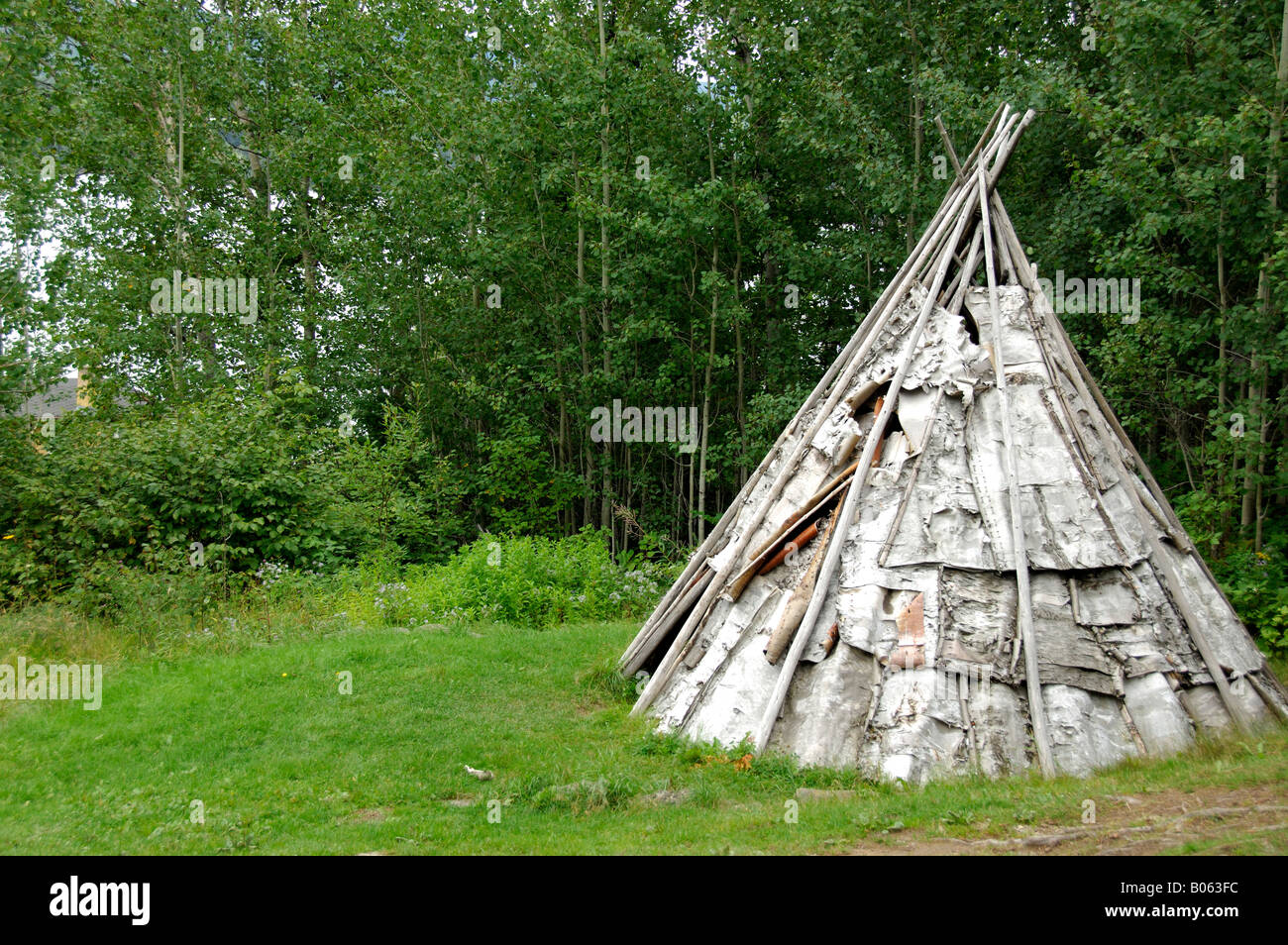 Canada, Quebec, Gaspe. Micmac First Nation Indian Village, birch bark ...