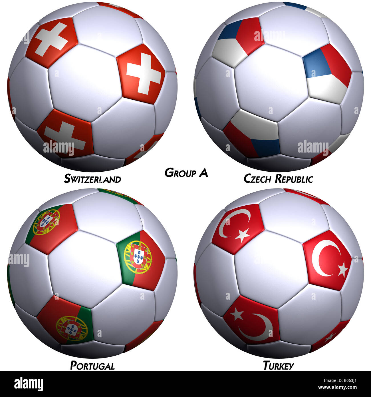 Four soccer balls with flags of the countries in Group A in the ...
