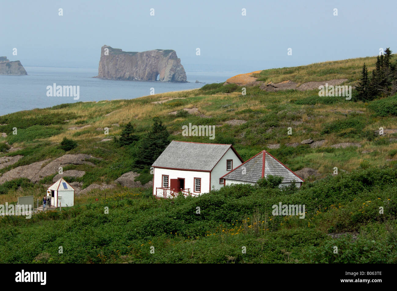 Canada, Quebec, Perce. View of Perced Rock from Bonaventure Island ...