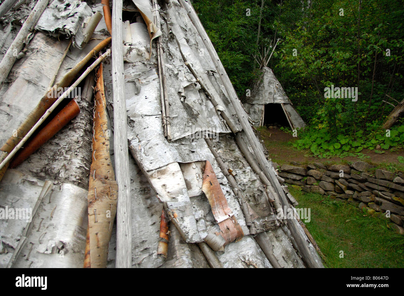 Canada, Quebec, Gaspe. Micmac First Nation Indian Village, birch bark ...