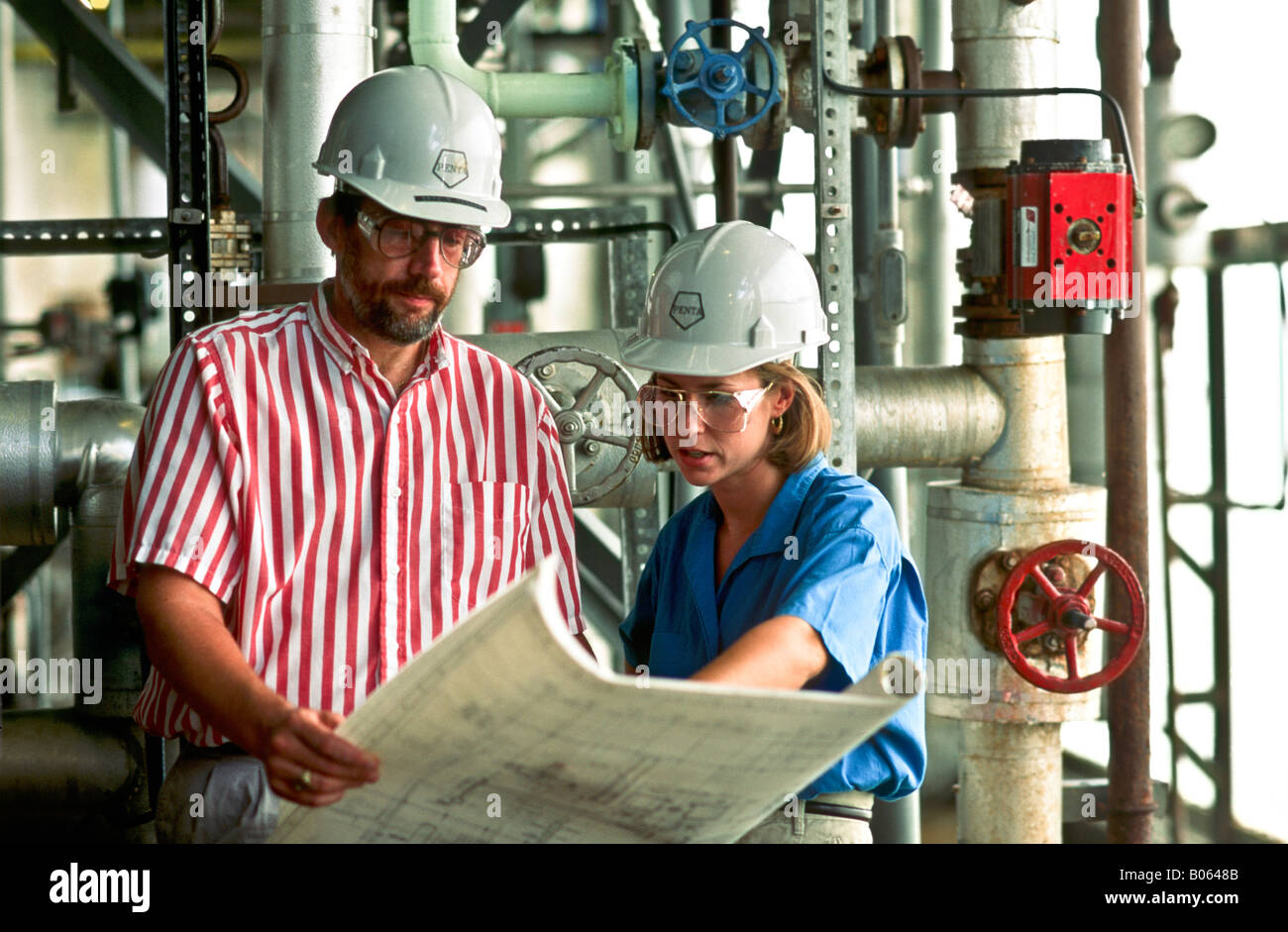 Male and female process engineers wearing appropriate safety equipment ...