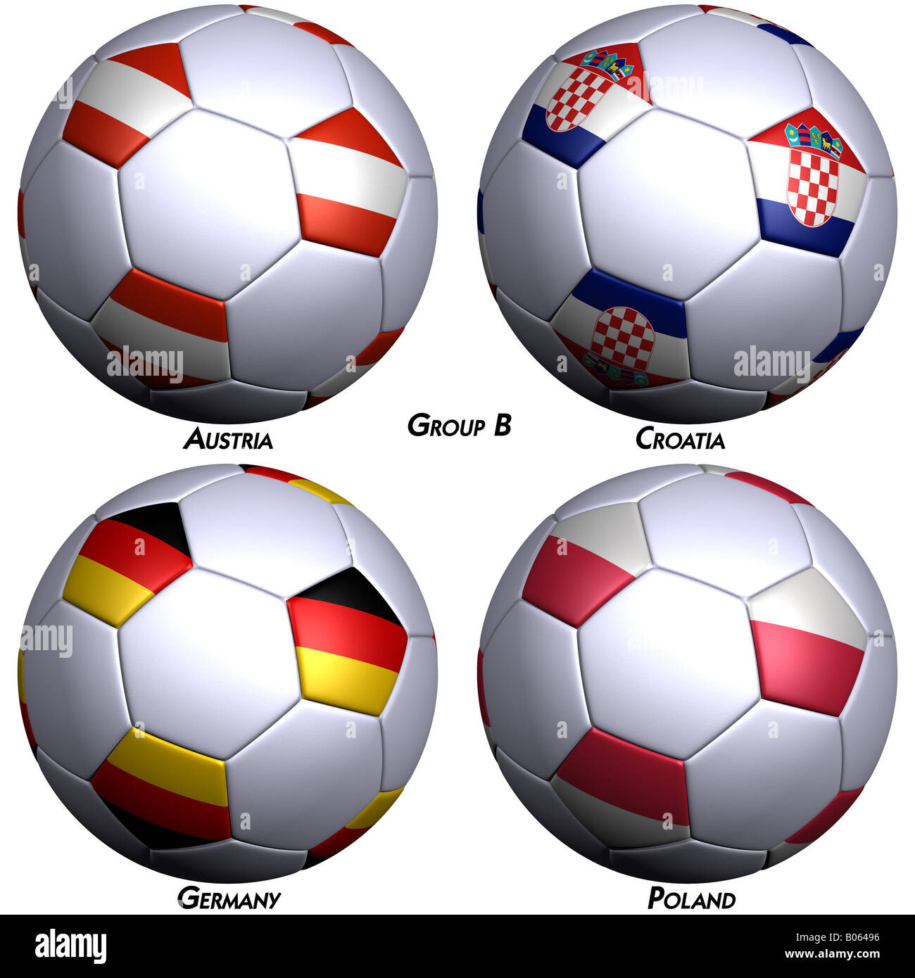 Four soccer balls with flags of the countries in Group B in the ...