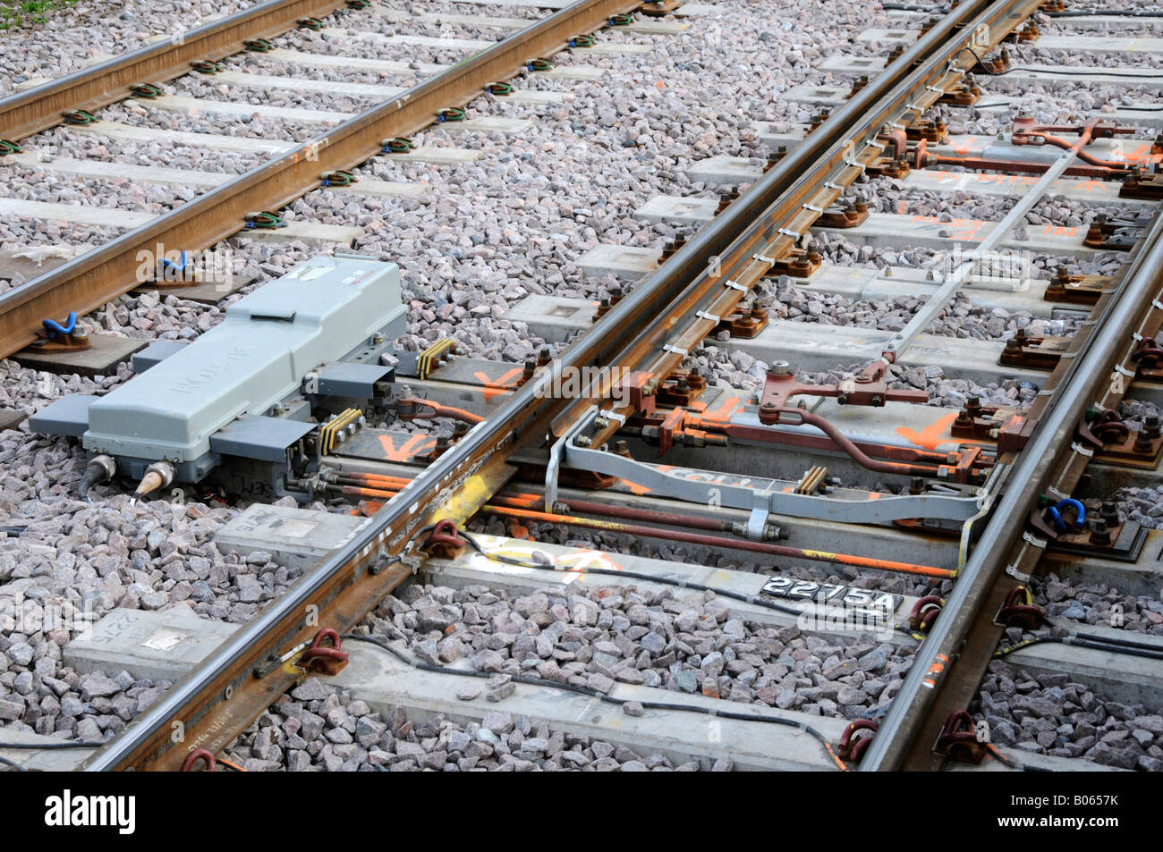 Close up of a modern set of railway track points Stock Photo - Alamy