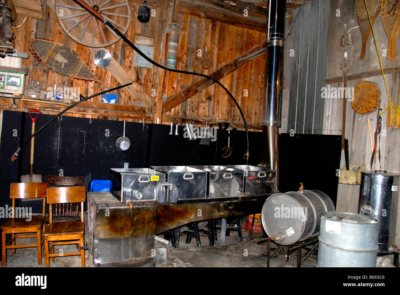 Canada, Quebec. Sugar Shack, room where maple syrup is made. Property ...