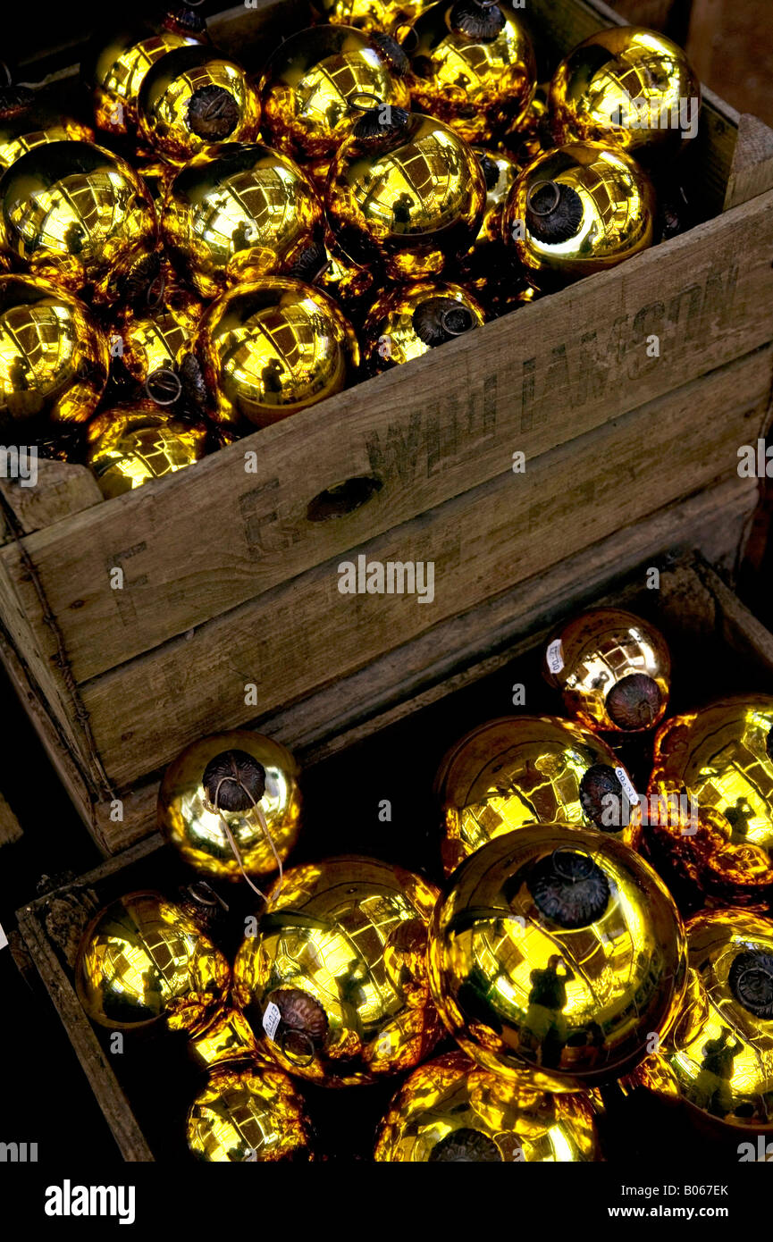 Traditional Glass Christmas tree baubles in an old applebox Stock Photo ...