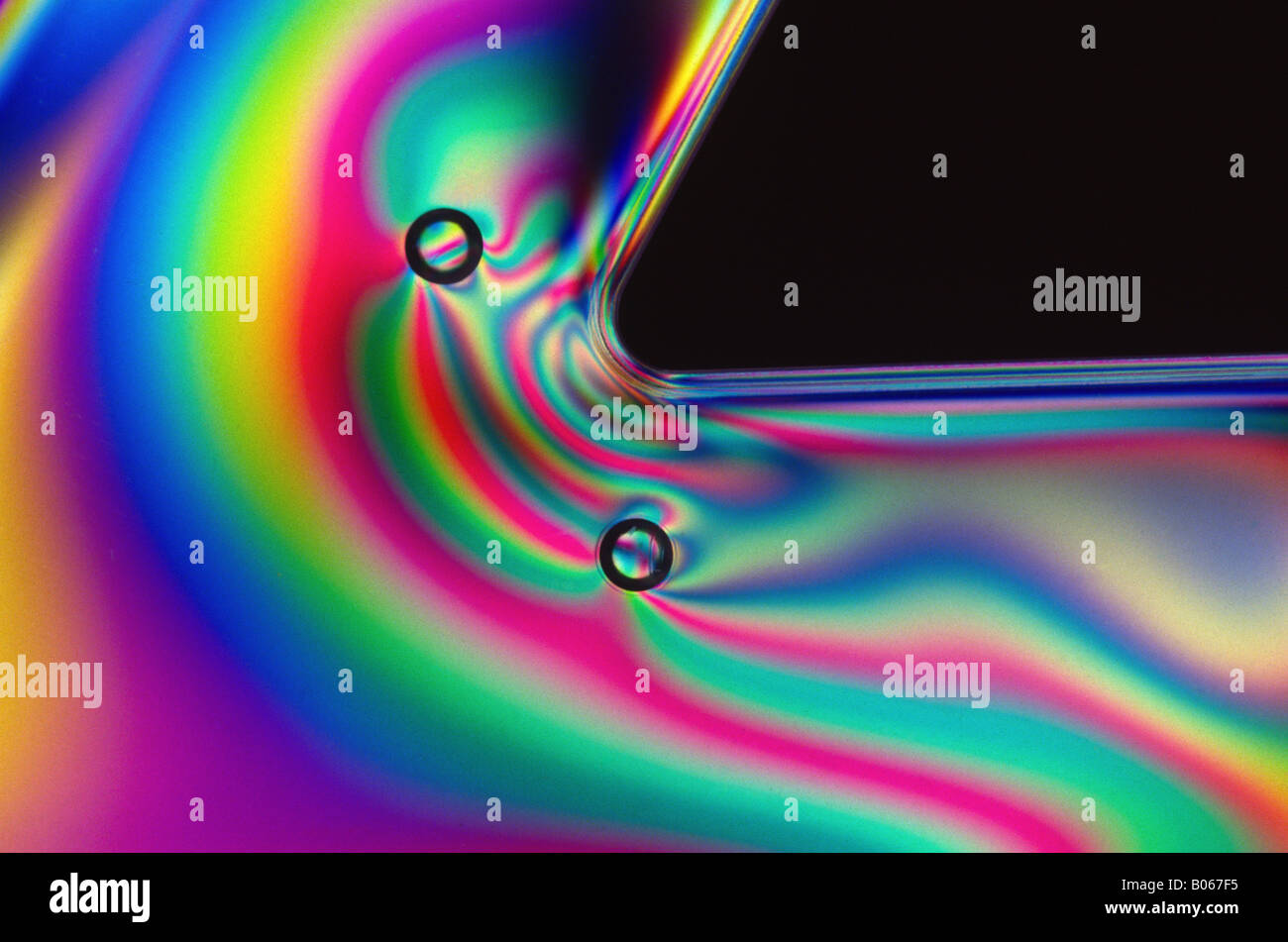 Close up of stress patterns in plastic set square. Cross polarized ...