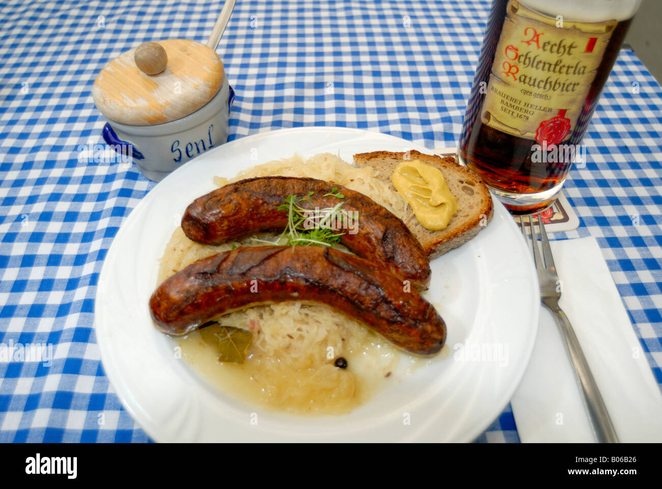 Europe, Germany, Bavaria, Bamberg, Traditional lunch of sausage ...