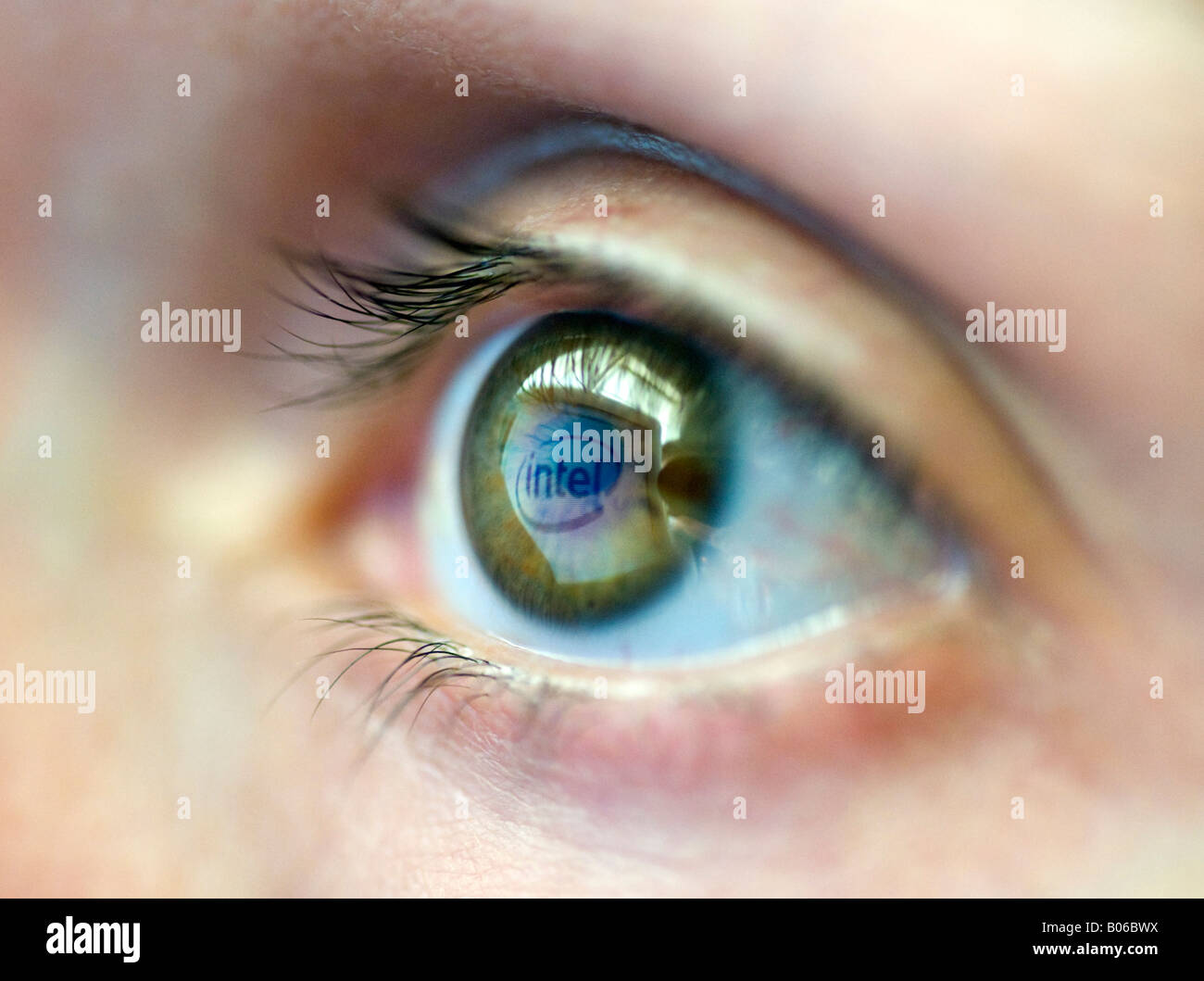Logo of Intel company reflected from computer screen onto womans eye ...