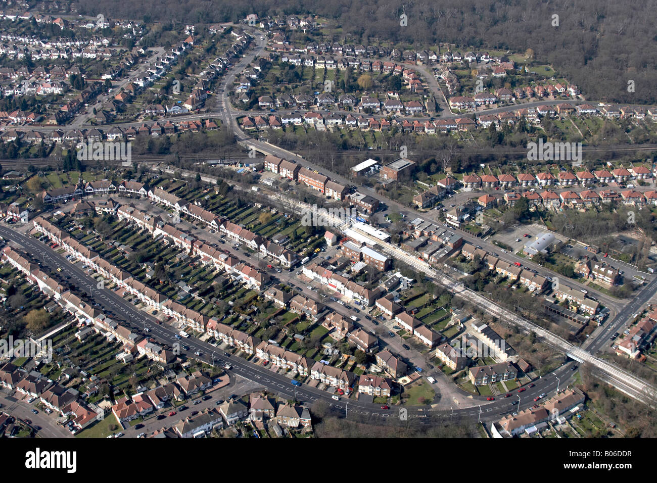 Aerial view north west of Roding Valley train station suburban houses ...