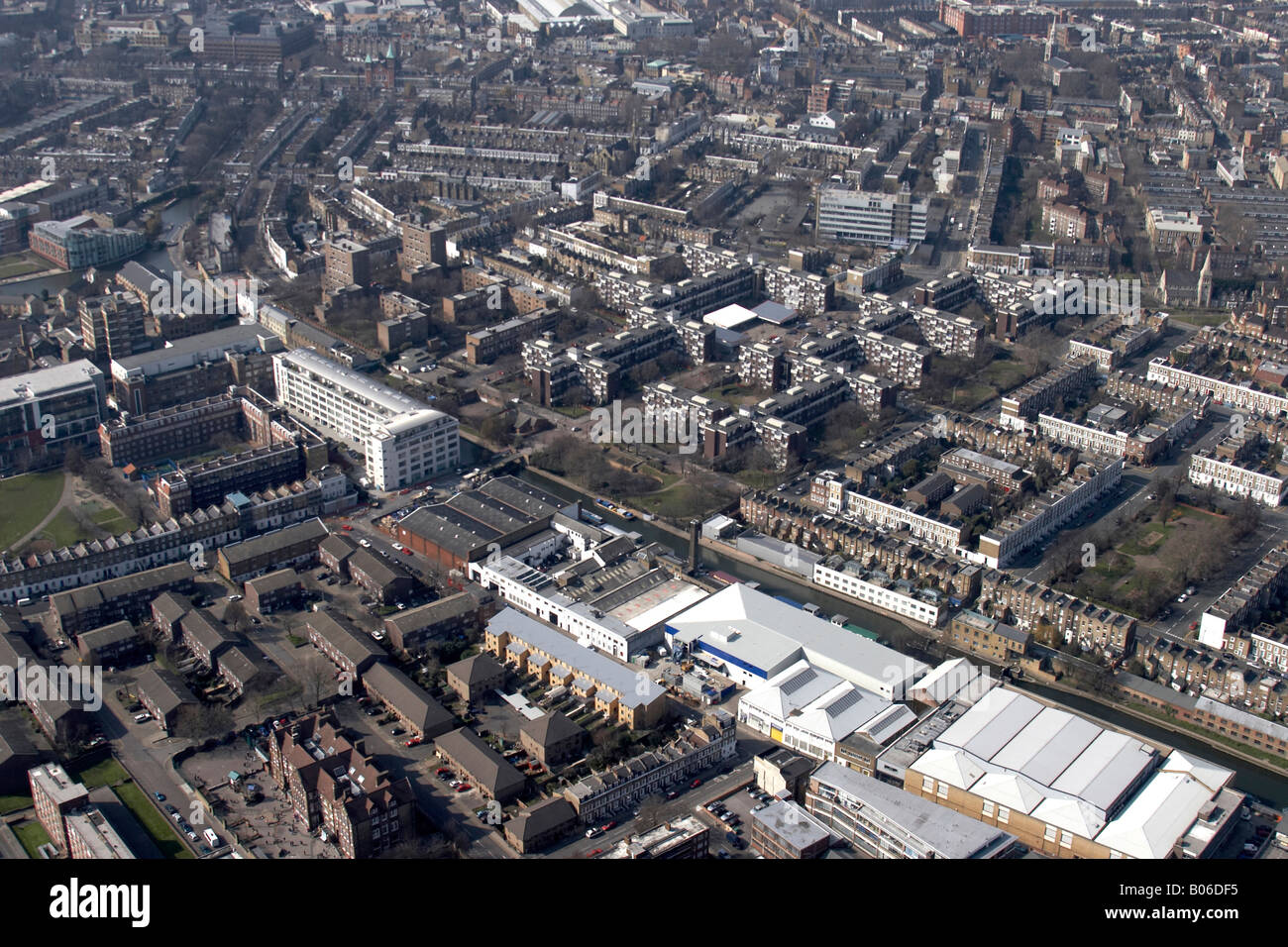 Aerial view west of Grand Union canal Wenlock Basin industrial ...