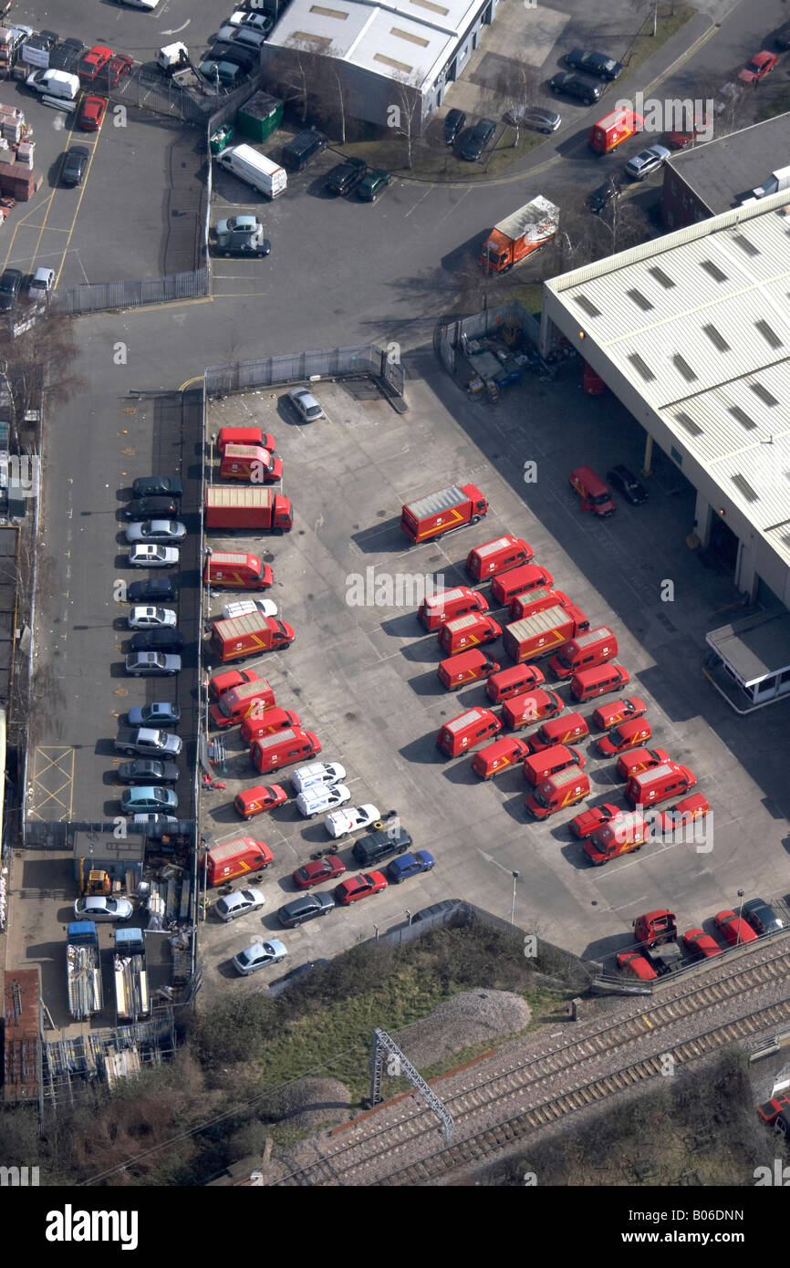 Aerial view east of Royal Mail Delivery Depot with red vans Kentish ...