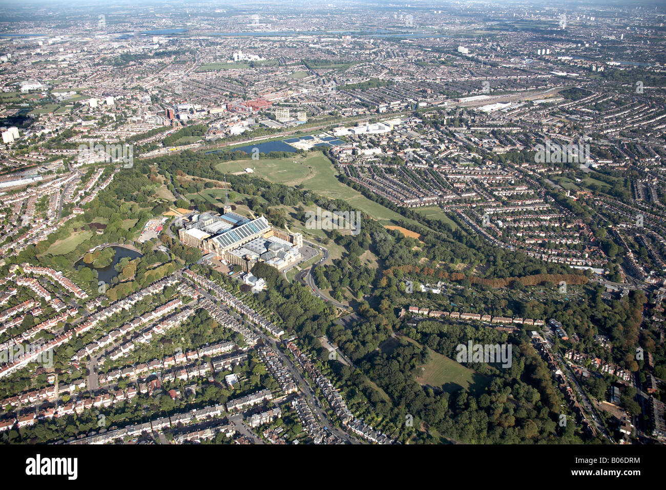 Aerial view east of Alexandra Palace Park Lake reservoir suburban ...
