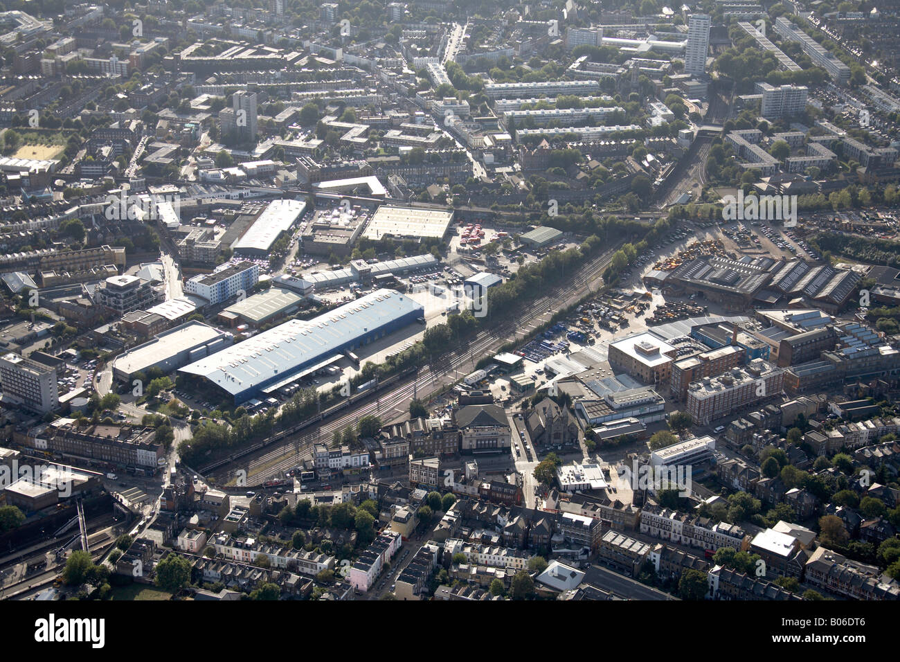 Aerial view south west of Kentish Town Industrial Estate railway line ...