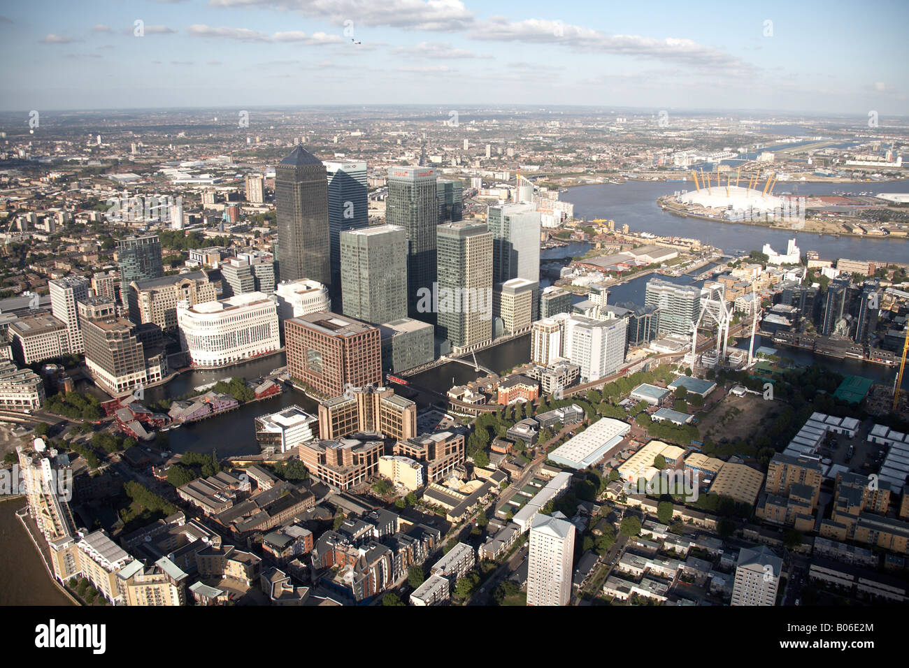 Aerial view north east of Canary Wharf Millennium Dome River Thames ...