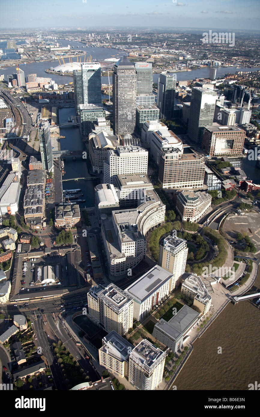 Aerial view south east of West India Docks tower blocks Canary Wharf ...