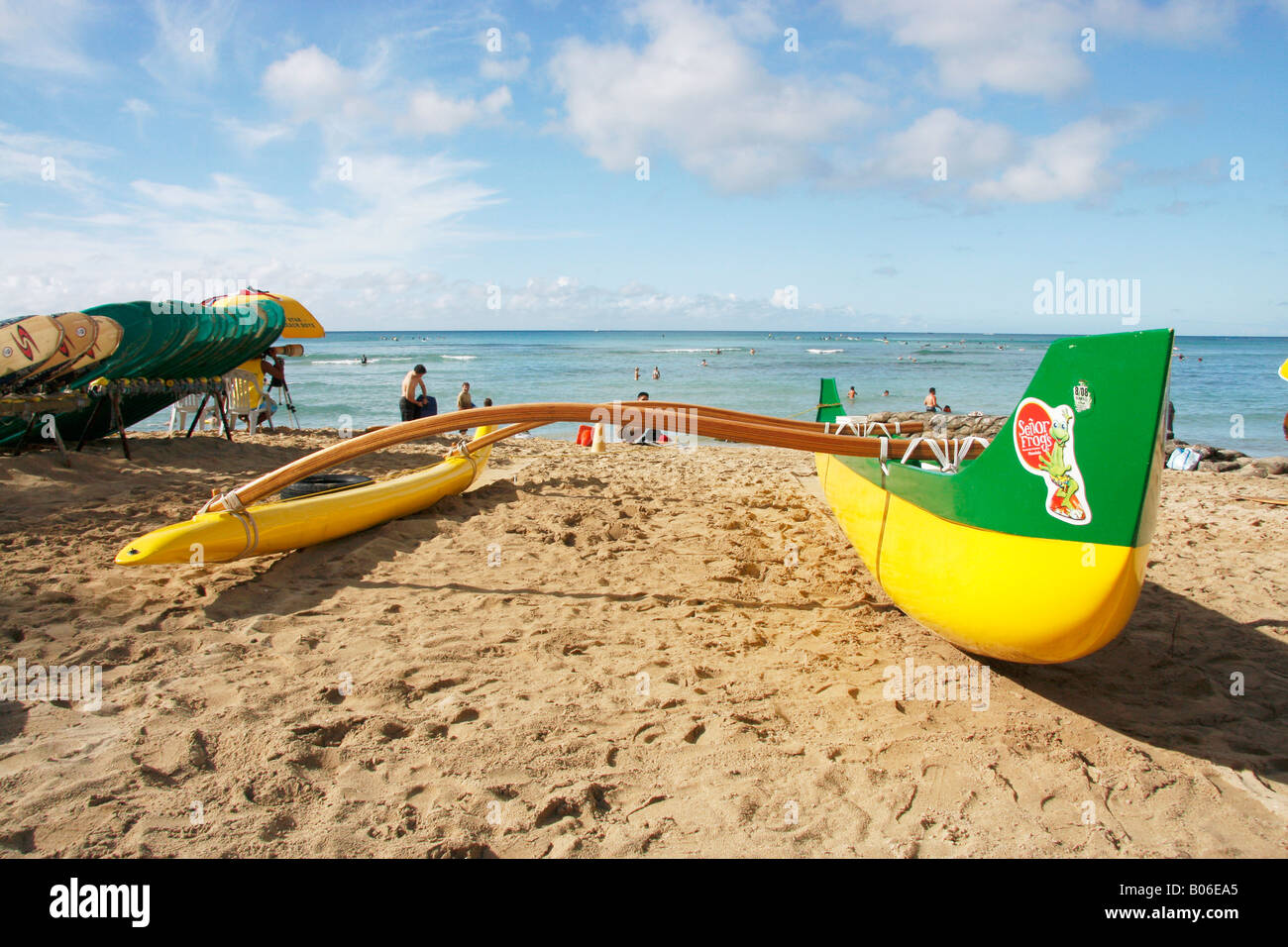 Catamaran pulled up onto the beach at Waikiki,Oahu ,Hawaii Stock Photo ...