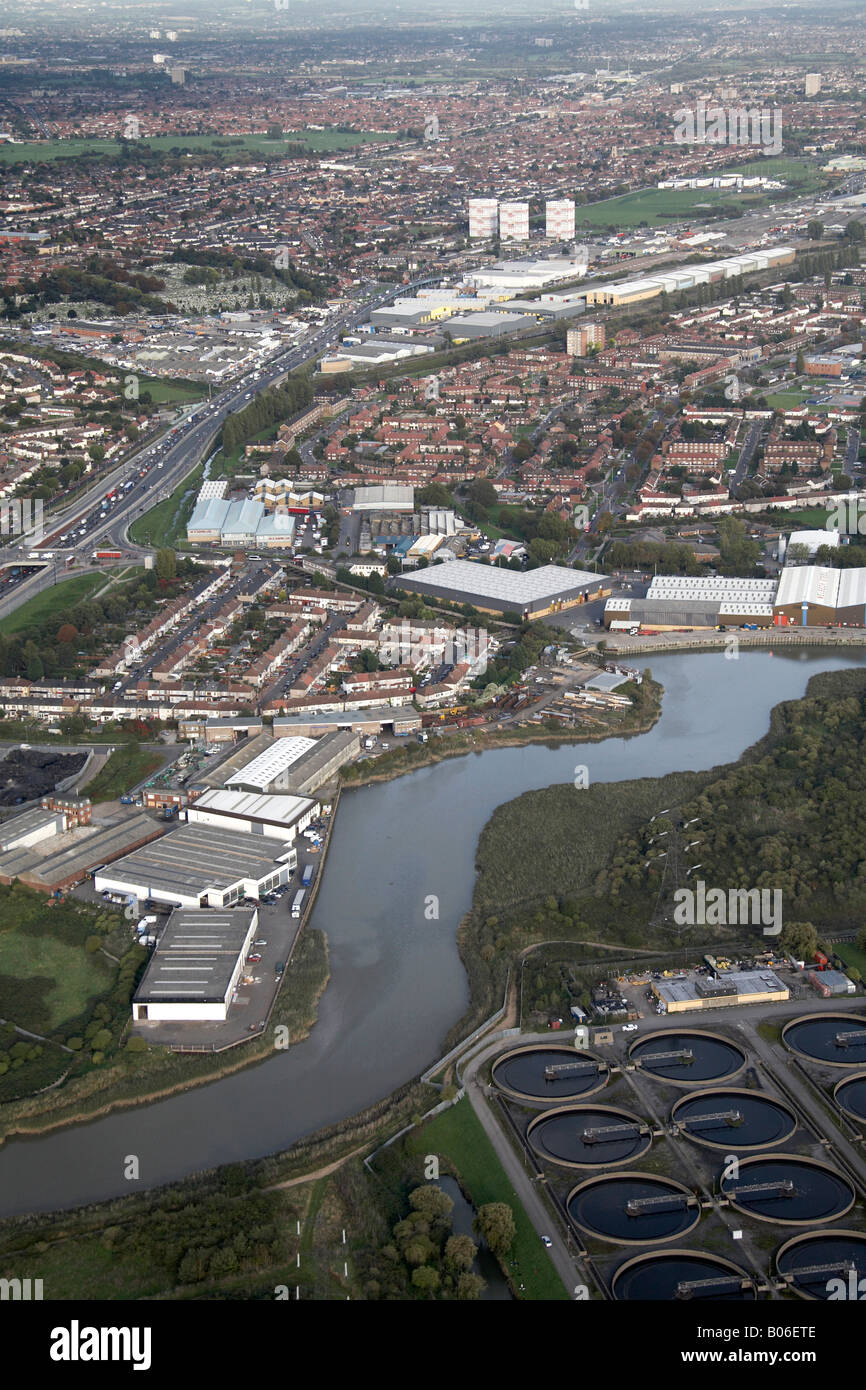 Aerial view east of Beckton Sewage Works River Roding Abbey Wharf ...