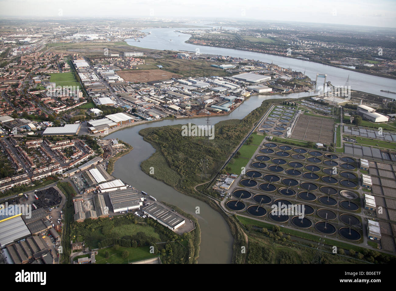 Aerial view south east of Beckton Sewage Works River Roding Abbey Wharf ...