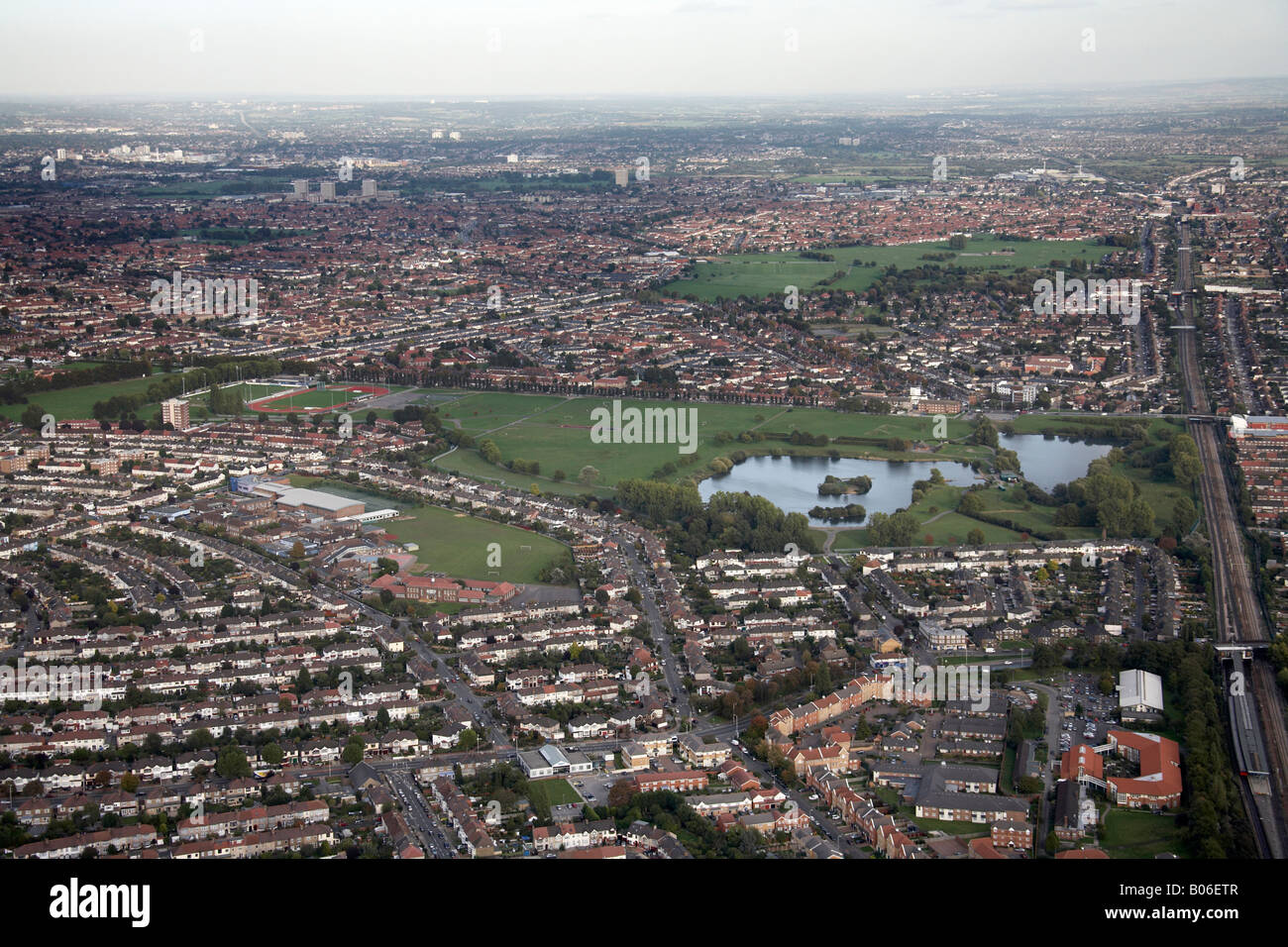 Aerial view north east of Mayesbrook Park and Boating lake Parsloes ...