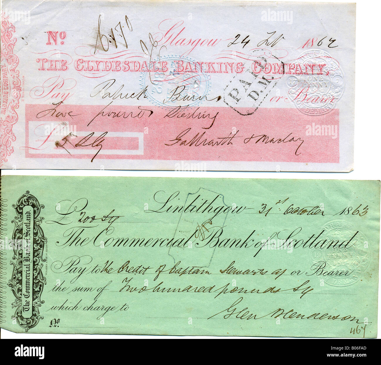 Two Victorian cheques Stock Photo - Alamy