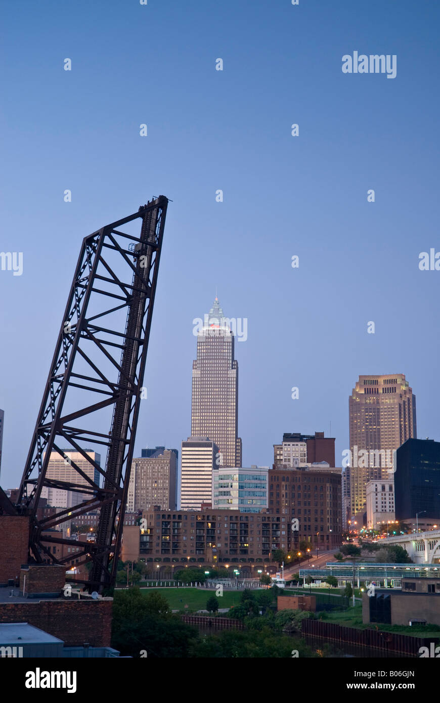 Ohio, Cleveland, Downtown from The Flats District, Raised railway ...
