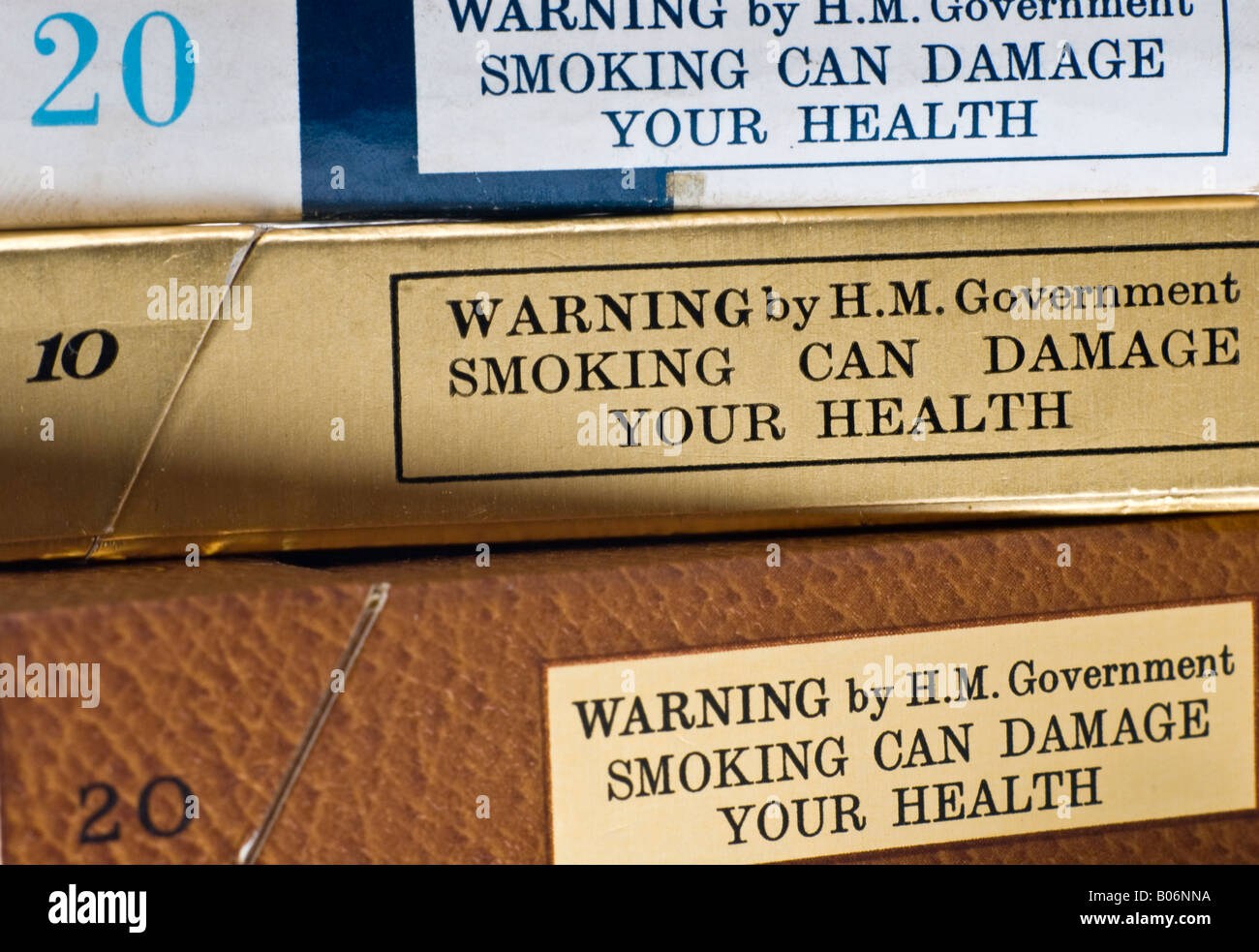 Stack of Cigarette Boxes showing Old Style Government Health Warnings ...