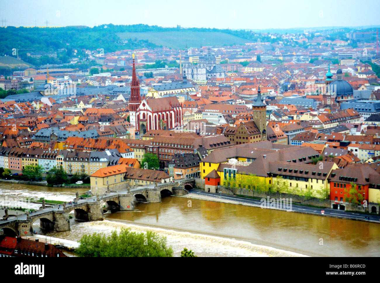 View of Wurzburg from Castle Hill Germany church middle of town ...