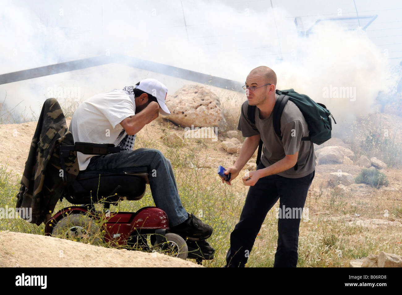A disabled Palestinian in his wheel chair taking part in a protest ...