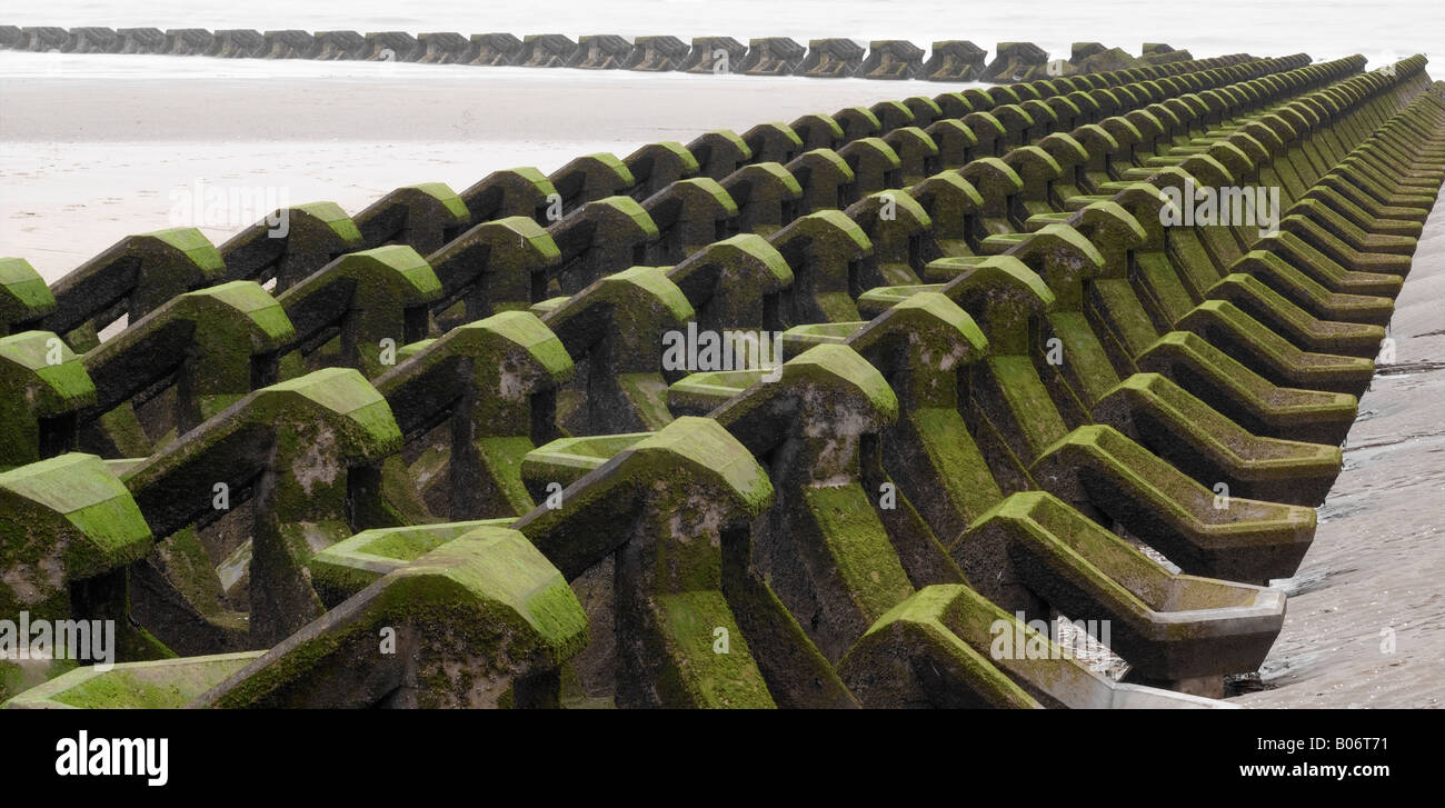 View of the sea defence groynes at New Brighton Beach Liverpool England ...