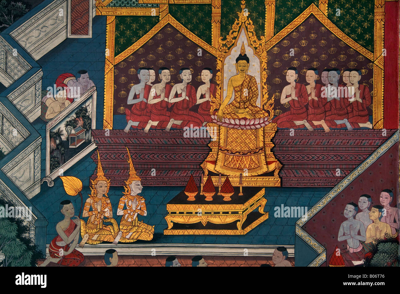 Mural of TERAVADIN BUDDHIST MONKS and SAKYAMUNI BUDDHA on the wall of ...