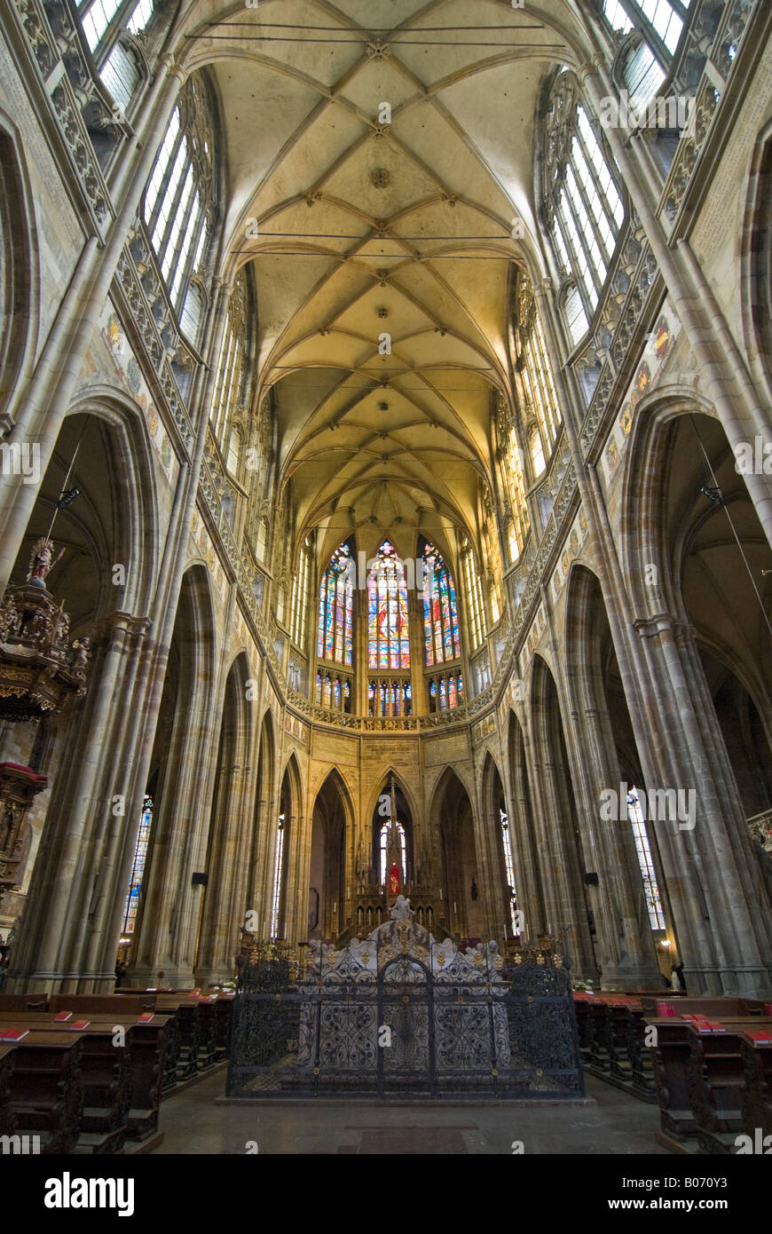 Vertical wide angle of the east nave, altar and vaulted ceiling inside ...