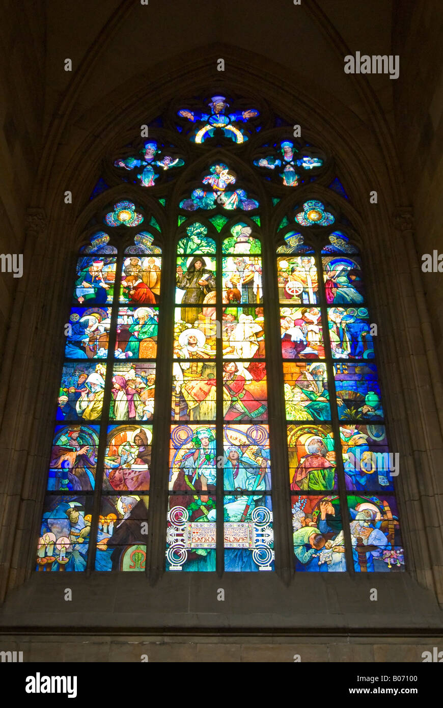 Vertical close up of the Alfons Mucha designed stained glass window ...