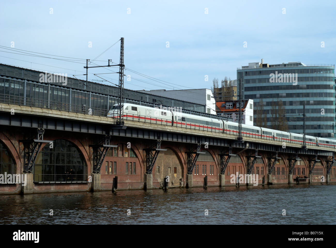 German ICE rapid train approaching Berli Ostbahnhof Eastern Terminal ...