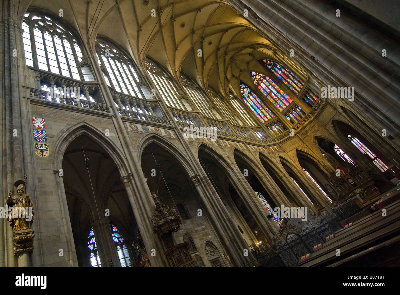 Horizontal abstract wide angle of the altar and vaulted ceiling inside ...