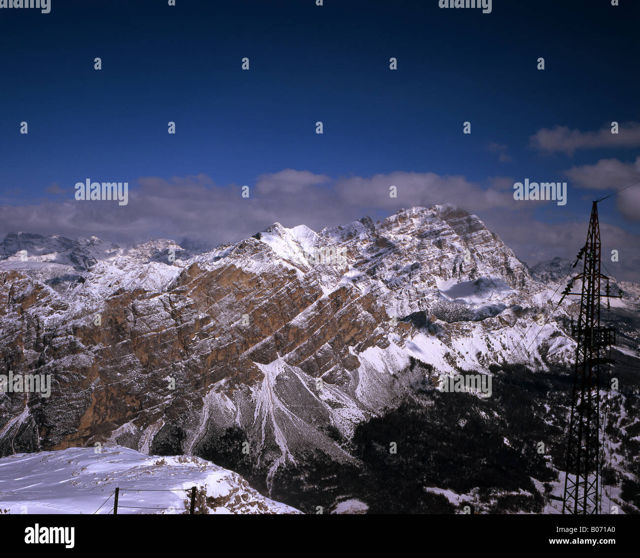 Massive limestone cliffs rising above Cortina D'ampezzo, the folds in ...