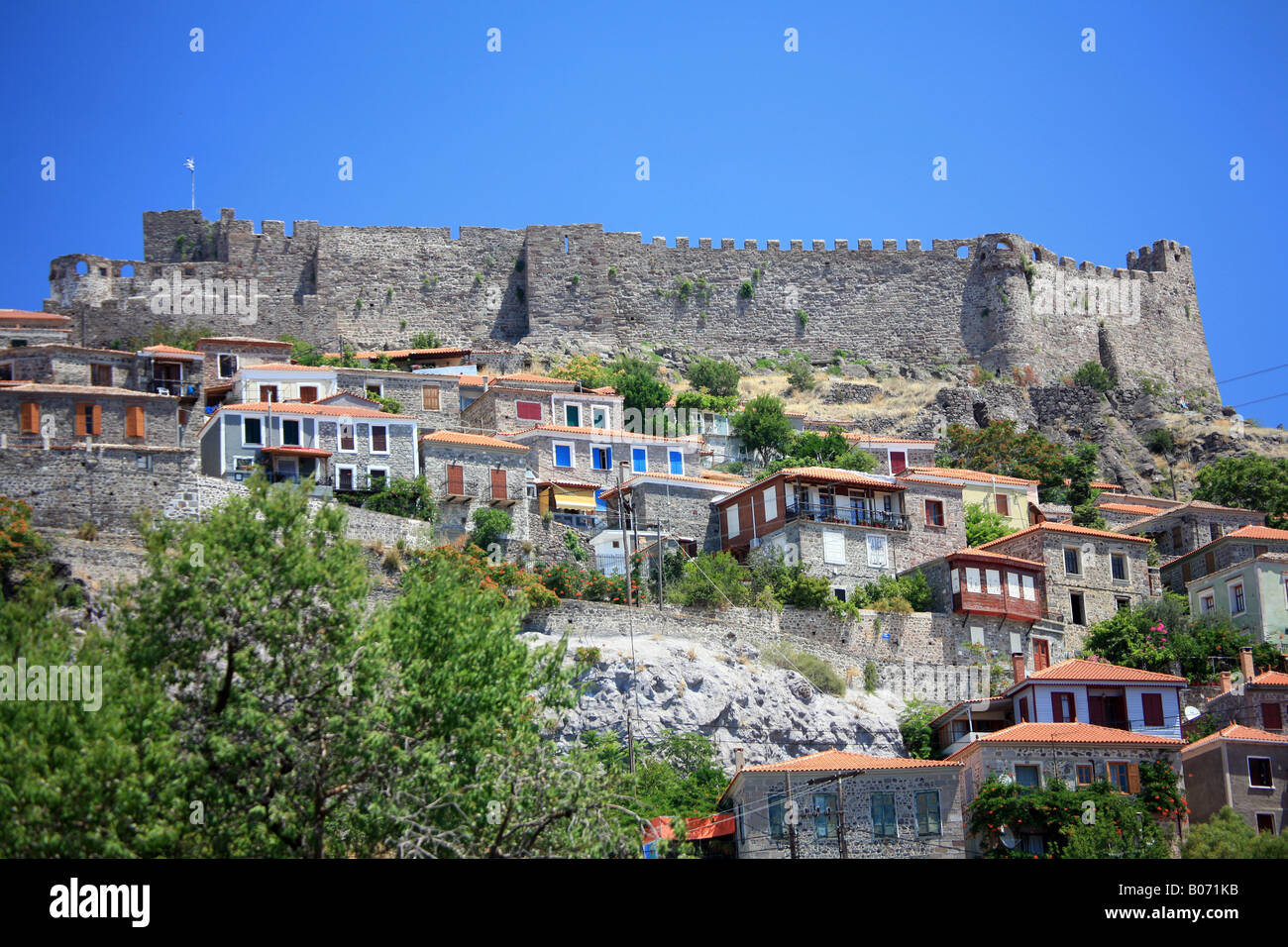 View of the old mediaeval castle and town of Molyvos, Lesvos, the ...