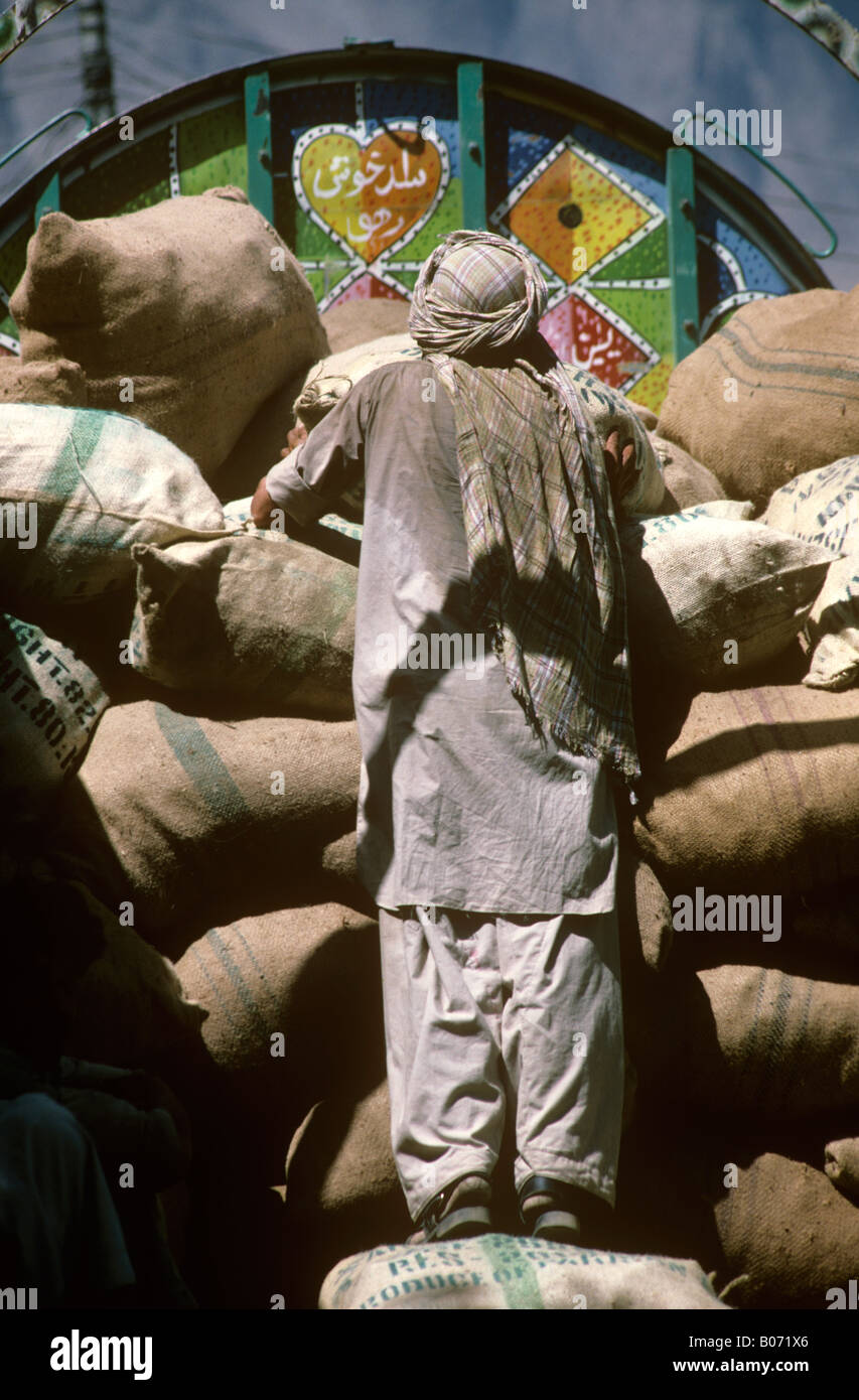 Pakistan Azad Kashmir Gilgit Labourer loading truck with sacks Stock ...
