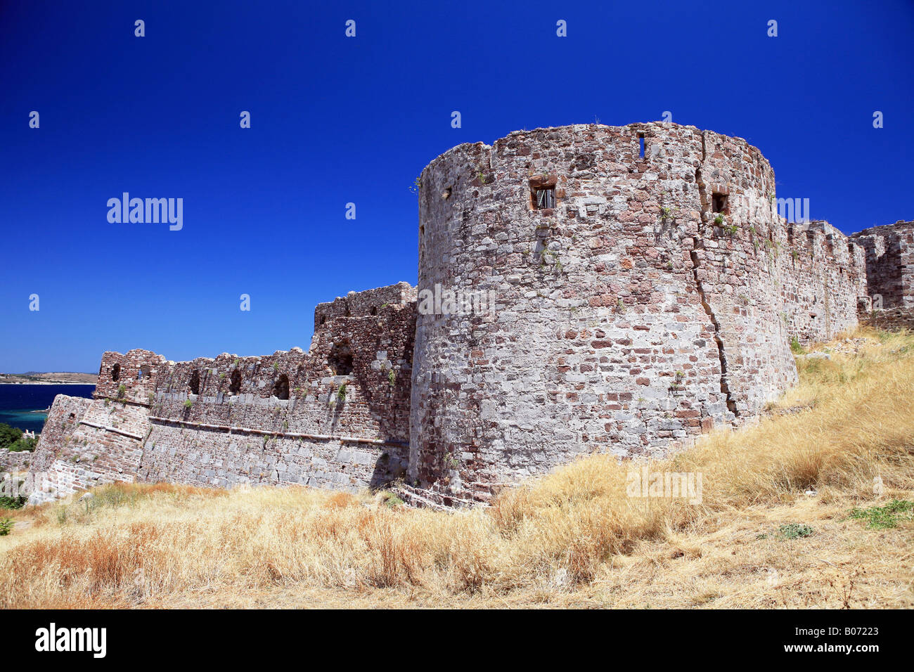 View of the ruins of the old mediaeval castle walls at Mytilene, Lesvos ...