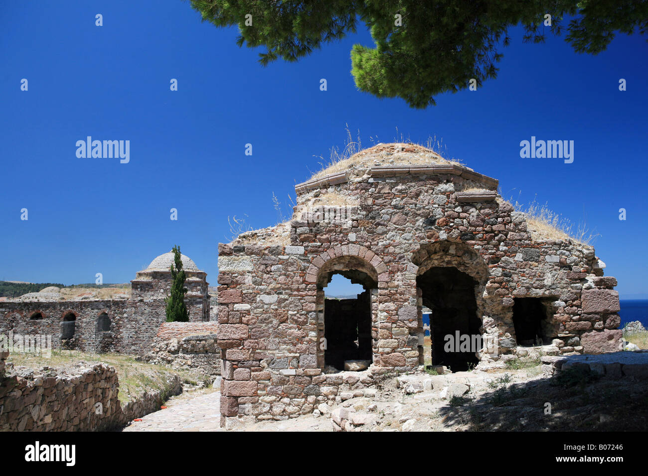 View of the ruins of the old mediaeval castle at Mytilene, Lesvos, the ...