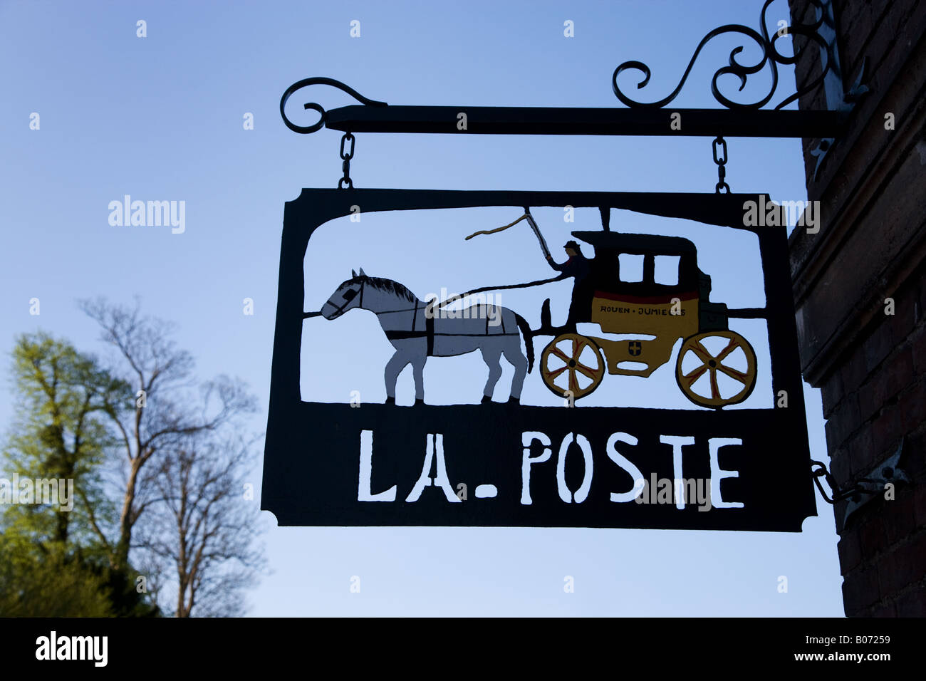 A French Post Office hanging sign in Jumieges Normandie France, a ...