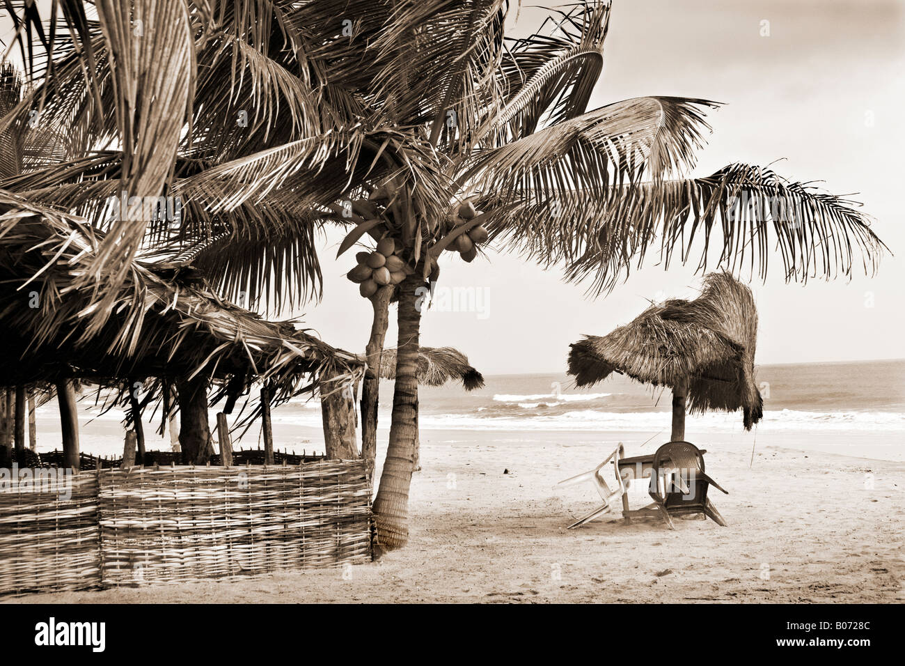 A sepia black and white photograph of Sanyang beach in the Gambia, West ...