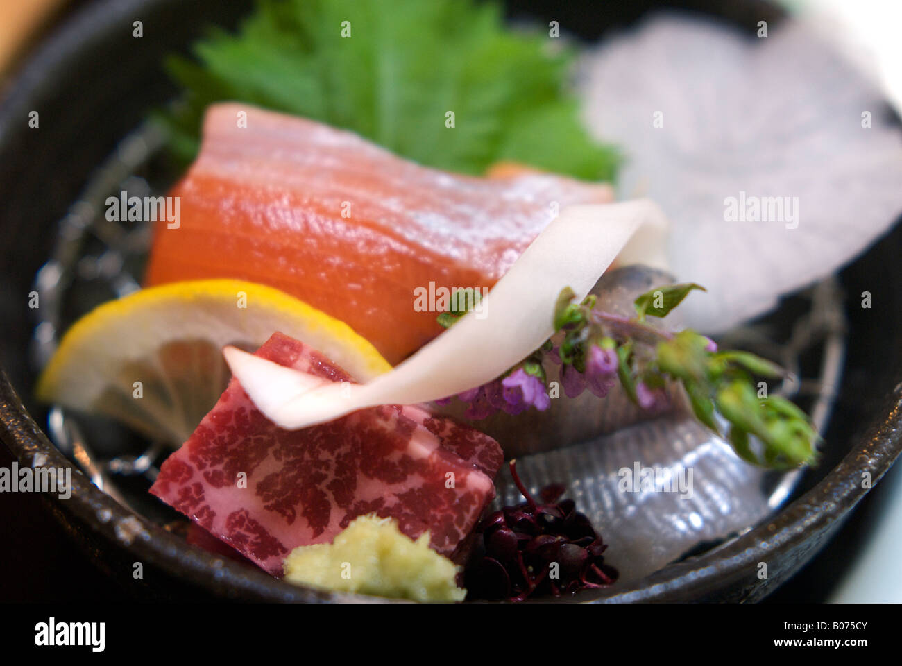 Fresh fish sashimi and horse meat. Japanese delicacy. Tradiitonal ...