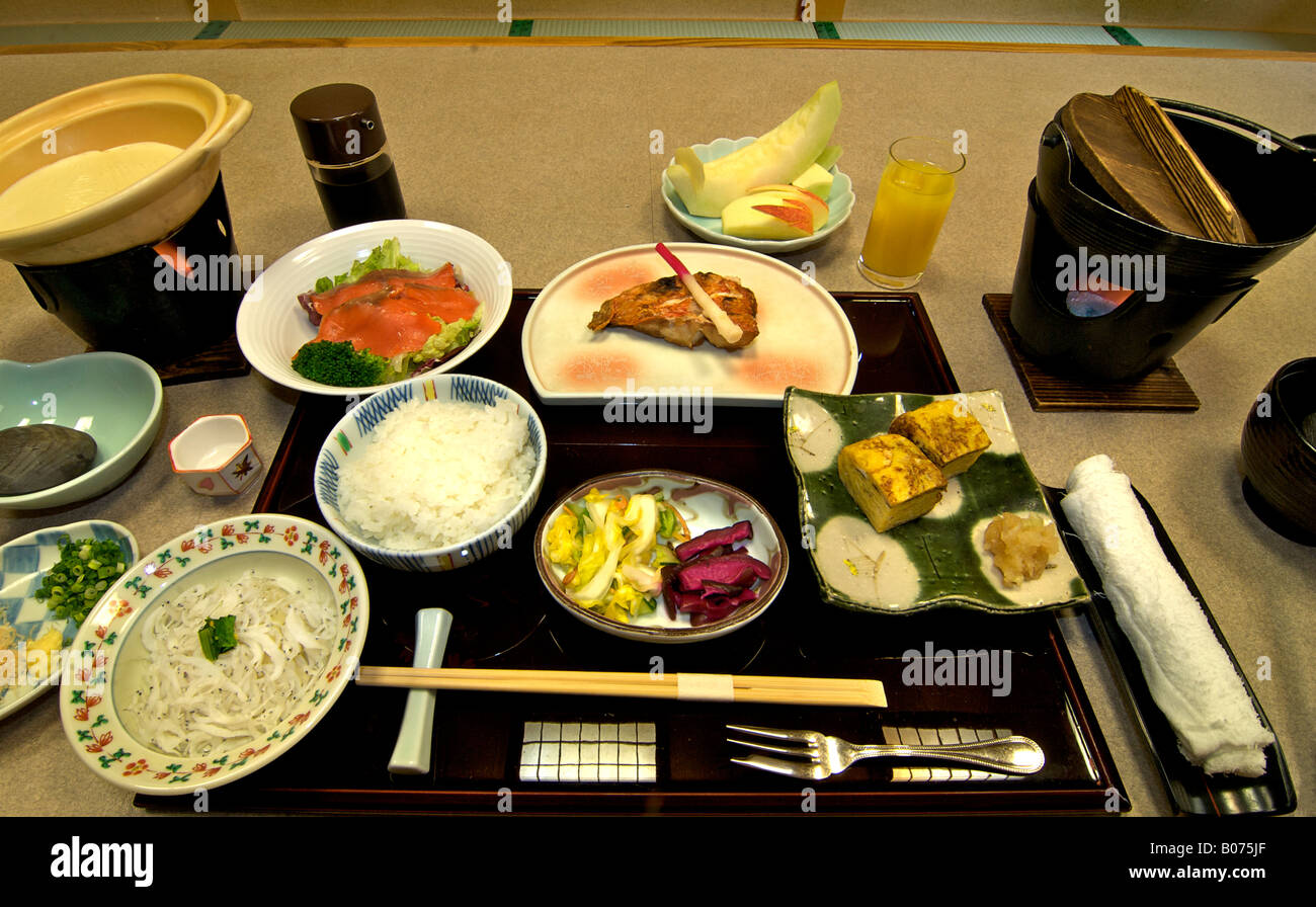 Breakfast Japanese style. Traditional ryokan food Japan Stock Photo - Alamy