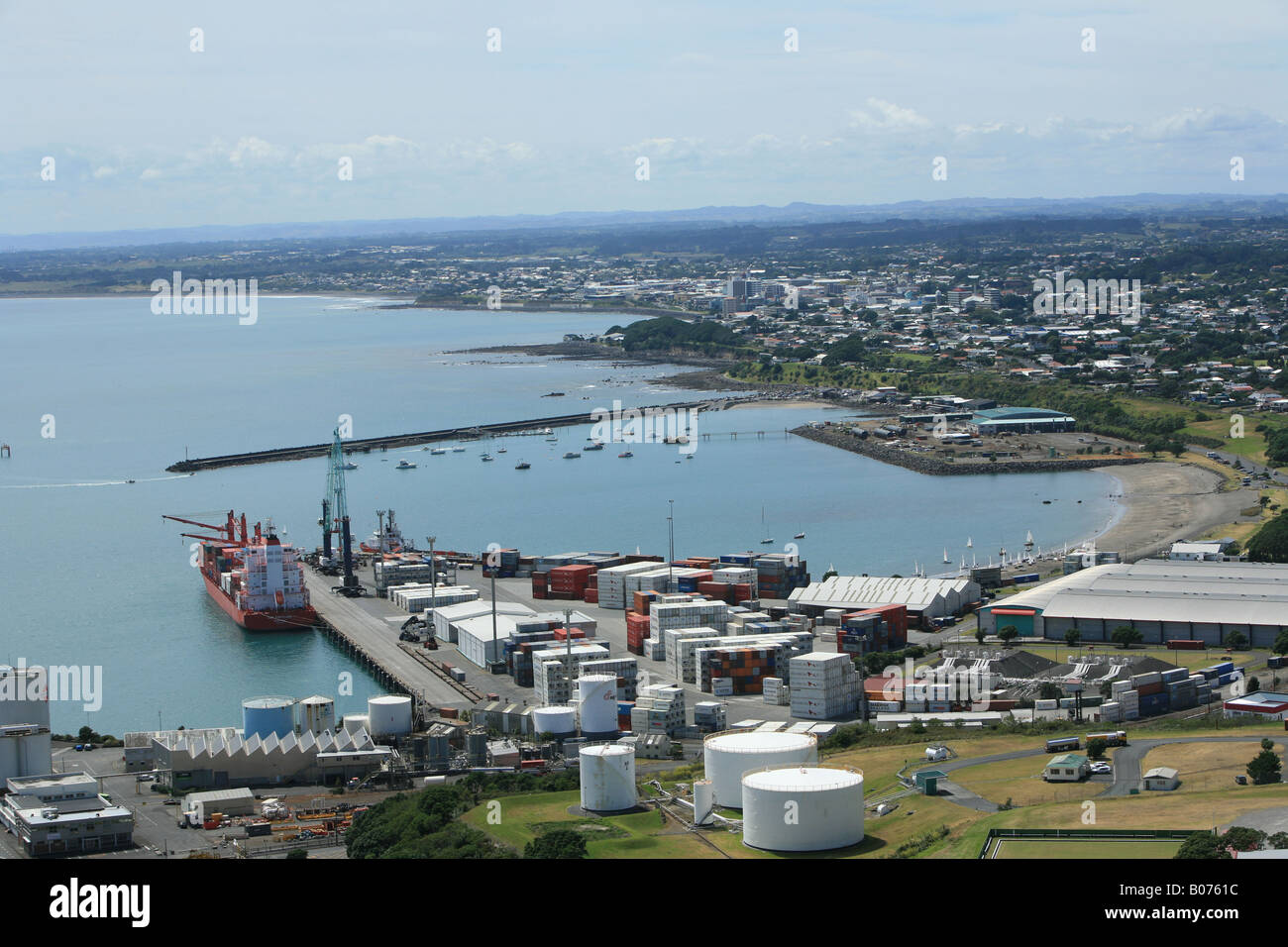 View of New Plymouth port harbour or docks from top of Paritutu Stock ...