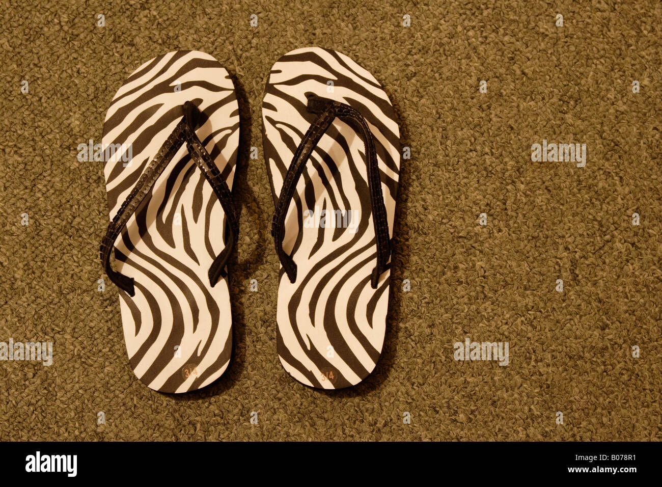 Zebra patterned flip flops on carpet close up Stock Photo - Alamy