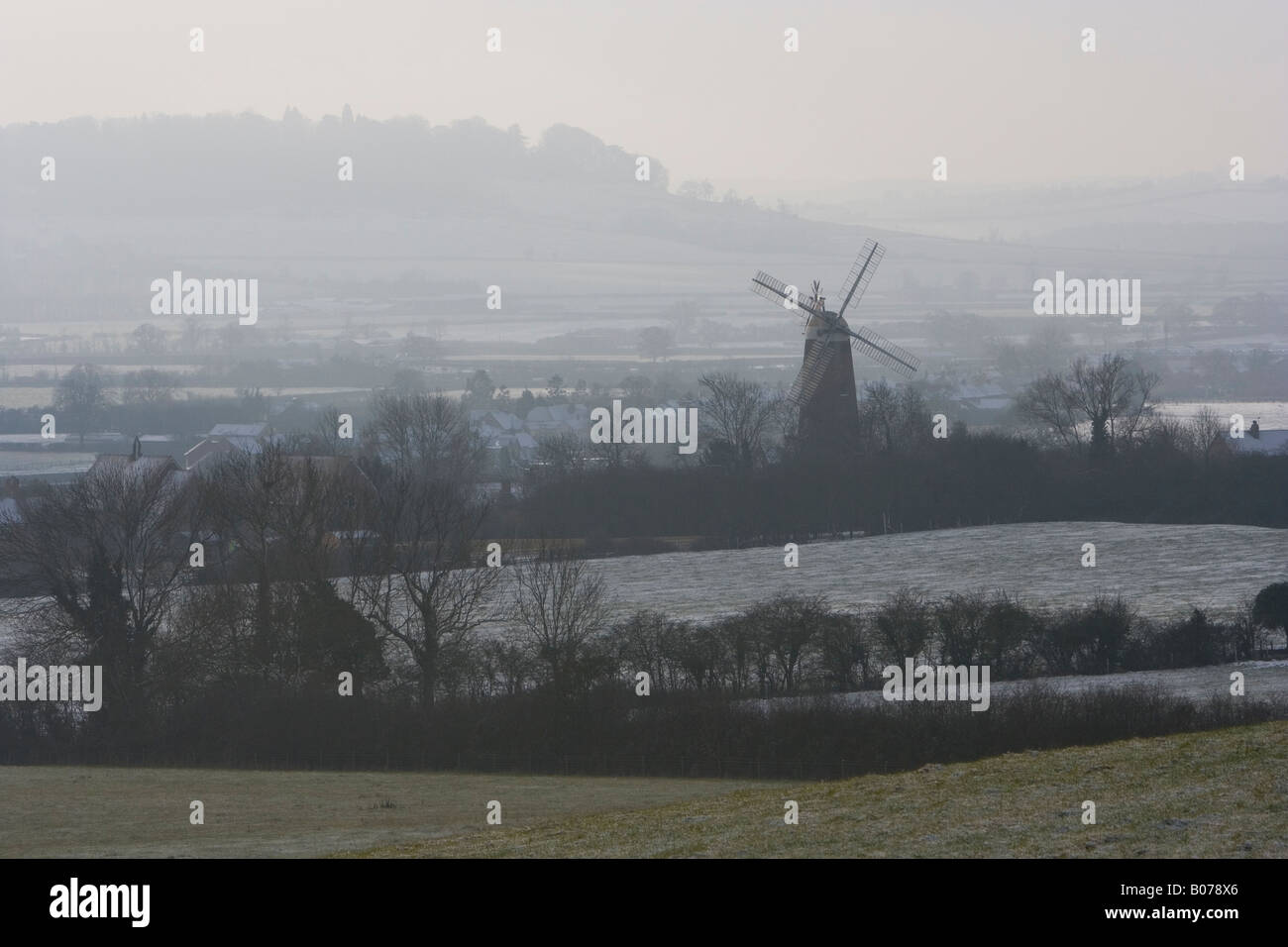 Quainton windmill in snowfall, Bucks, England Stock Photo - Alamy